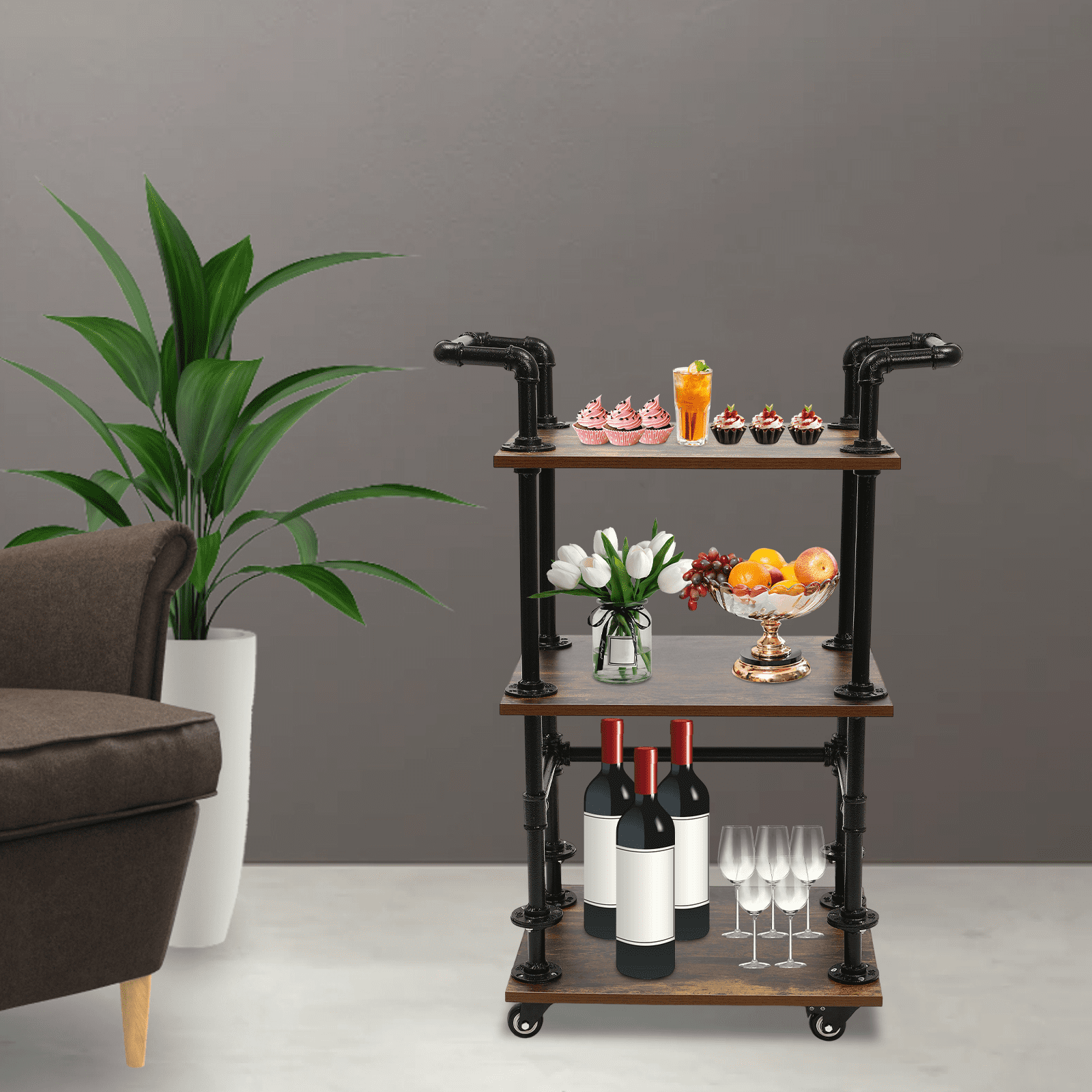 3 Tier Rolling Bar Cart Trolley Serving Cart Liquor Wine Beverage ...