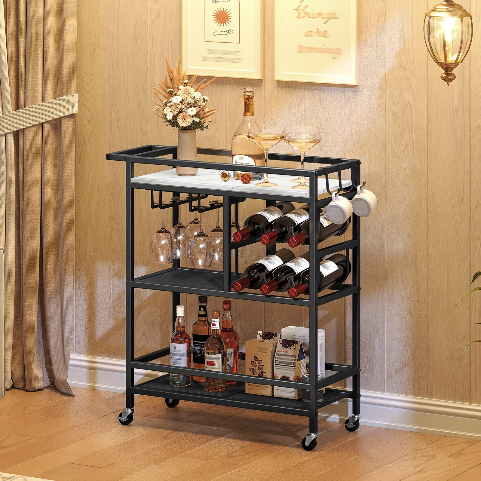 3-Tier Rolling Bar Cart with Wheels & Handle, Wine Rack Glass Holder ...