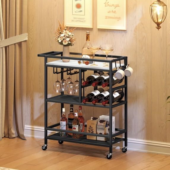 3-Tier Rolling Bar Cart with Wheels & Handle, Wine Rack Glass Holder ...