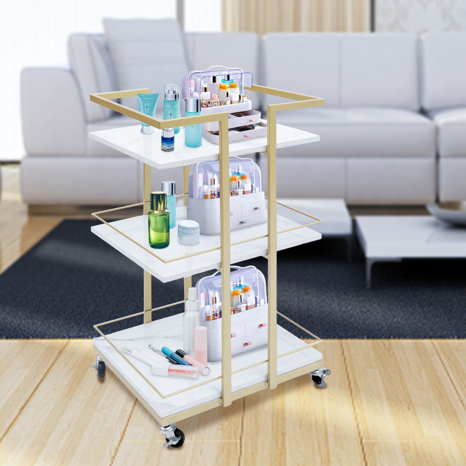 3-Tier Rolling Bar Cart with Faux Marble and Gold Finish, Multi-Purpose ...