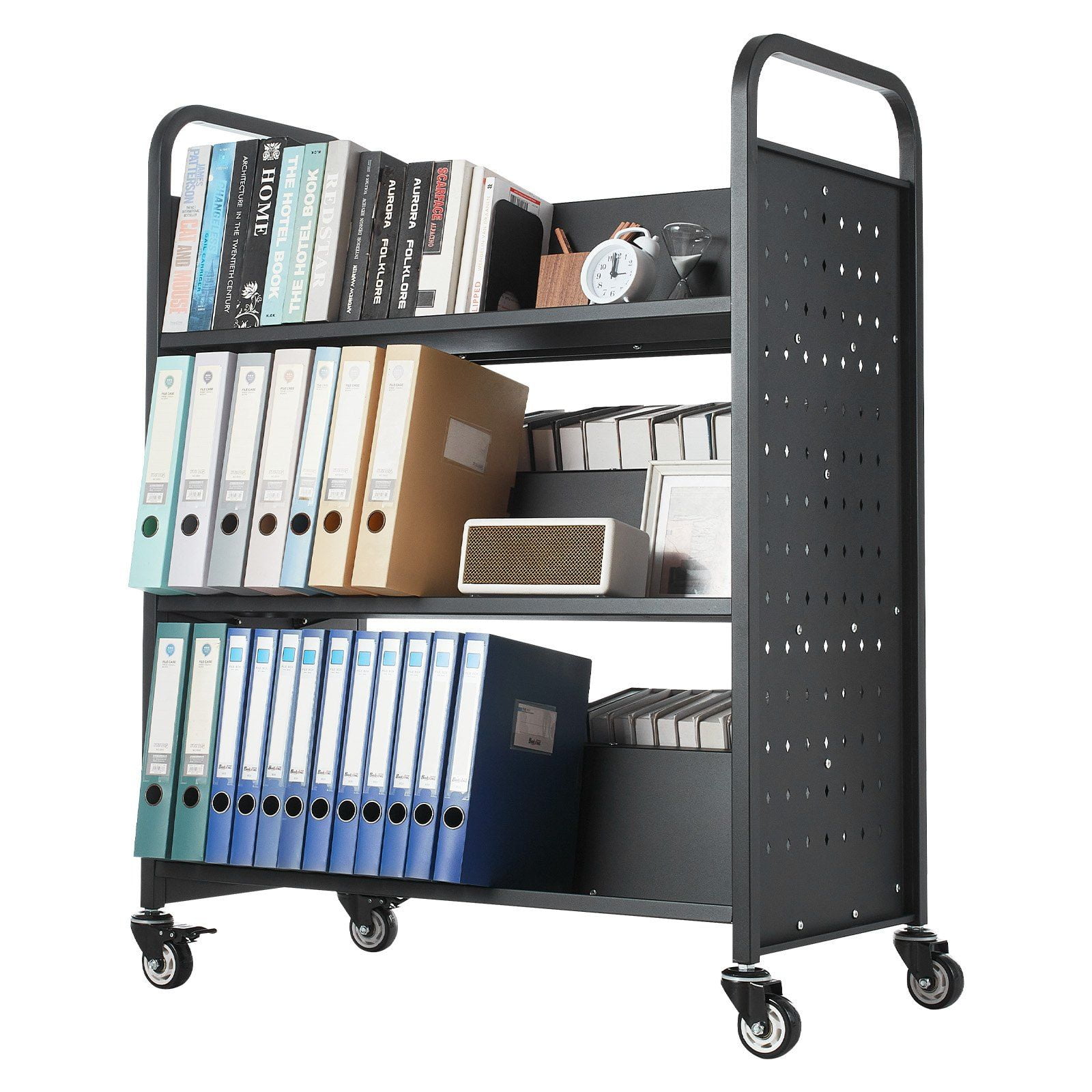 3-Tier Rolling Book Cart with Double-Sided W-Shelves, Mobile Storage ...