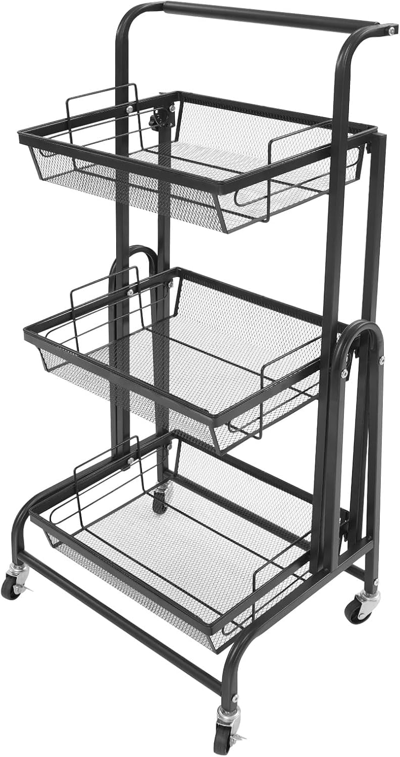 3 Tier Rolling Cart Adjustable Metal Storage Cart with Wheels, Mesh ...