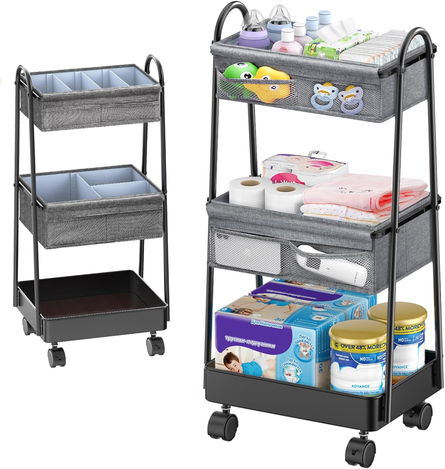 3 Tier Rolling Cart - Baby Diaper Caddy Organizer, 3 Tier Utility Cart ...