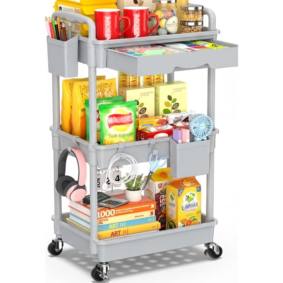 3 Tier Rolling Cart with Drawer, Bathroom Storage Organizer with 2 ...