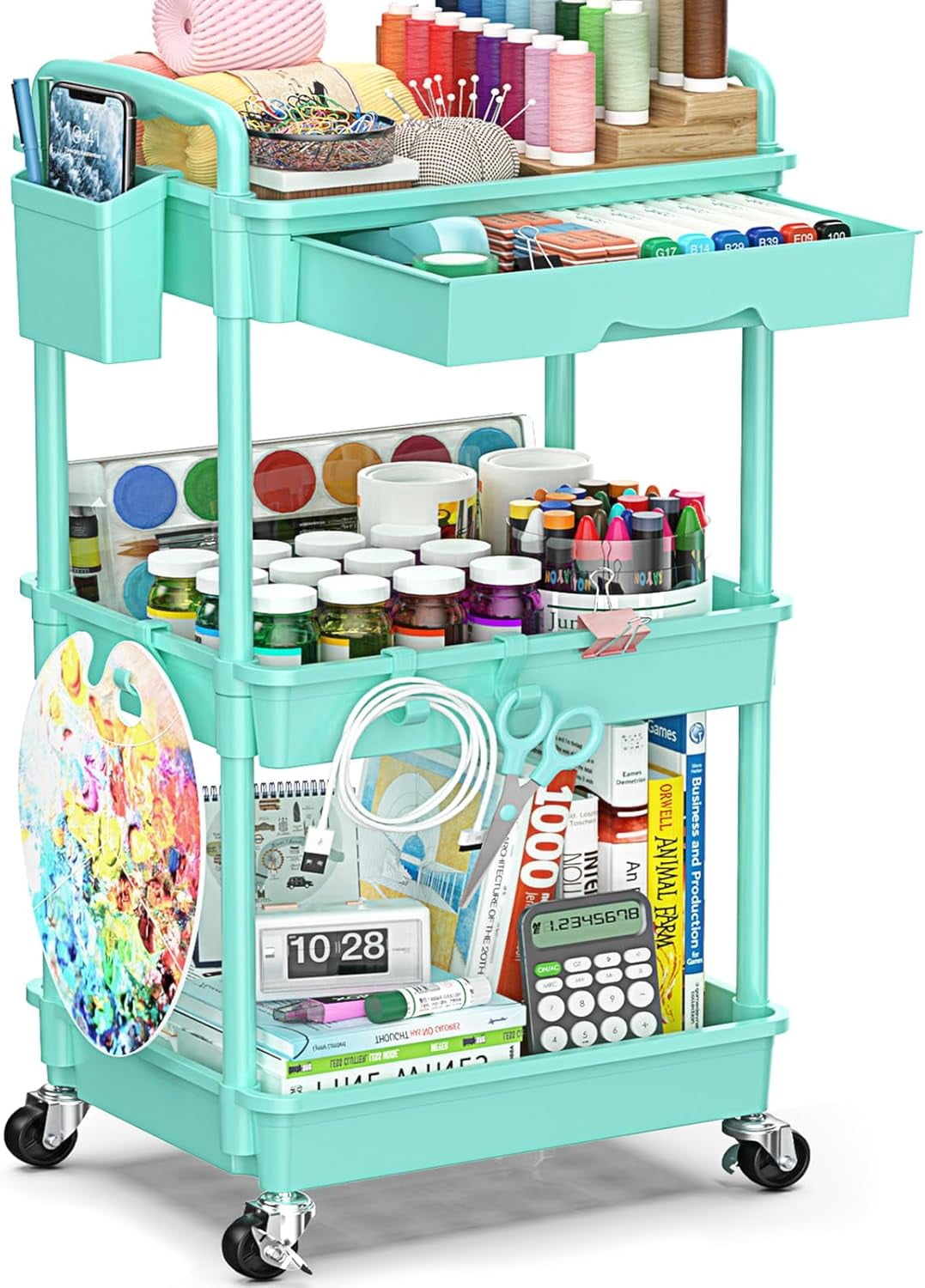 3-Tier Rolling Cart with Drawer & Lockable Wheels, Plastic Shelf ...