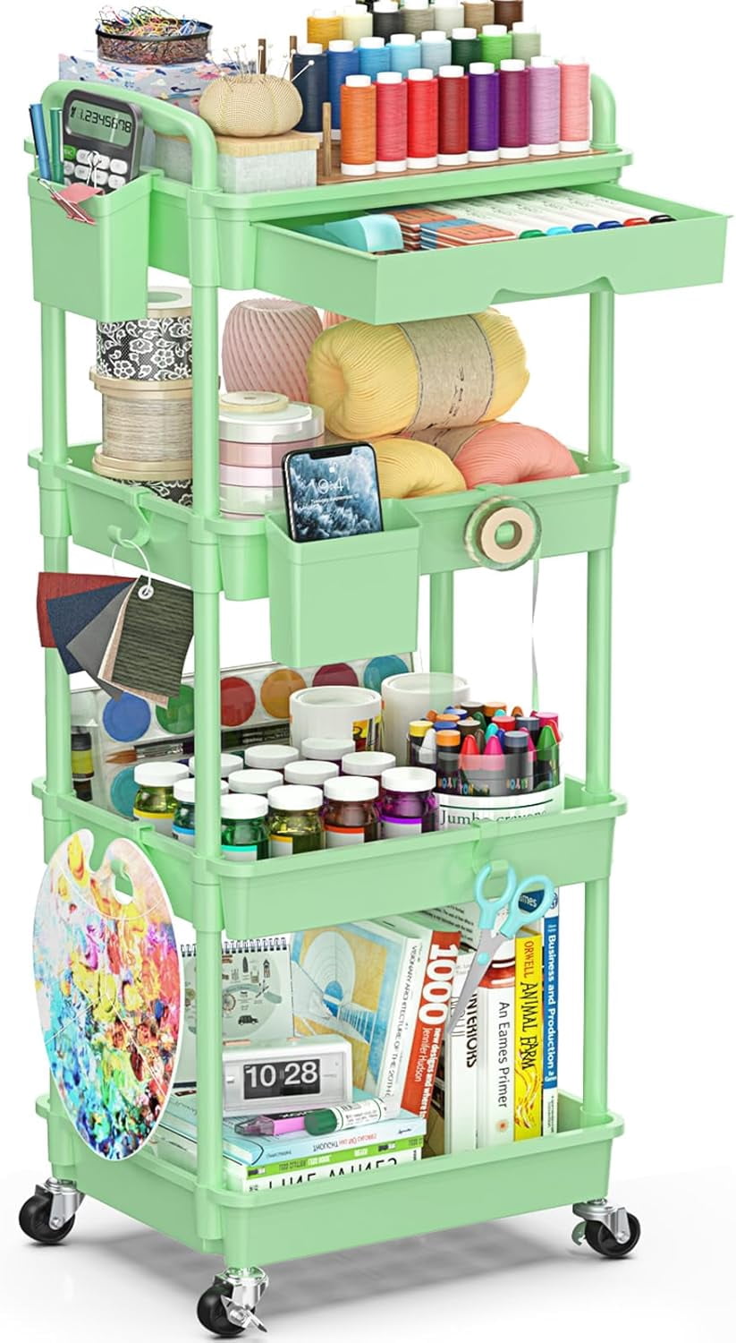 3-Tier Rolling Cart with Drawer & Lockable Wheels, Plastic Shelf ...