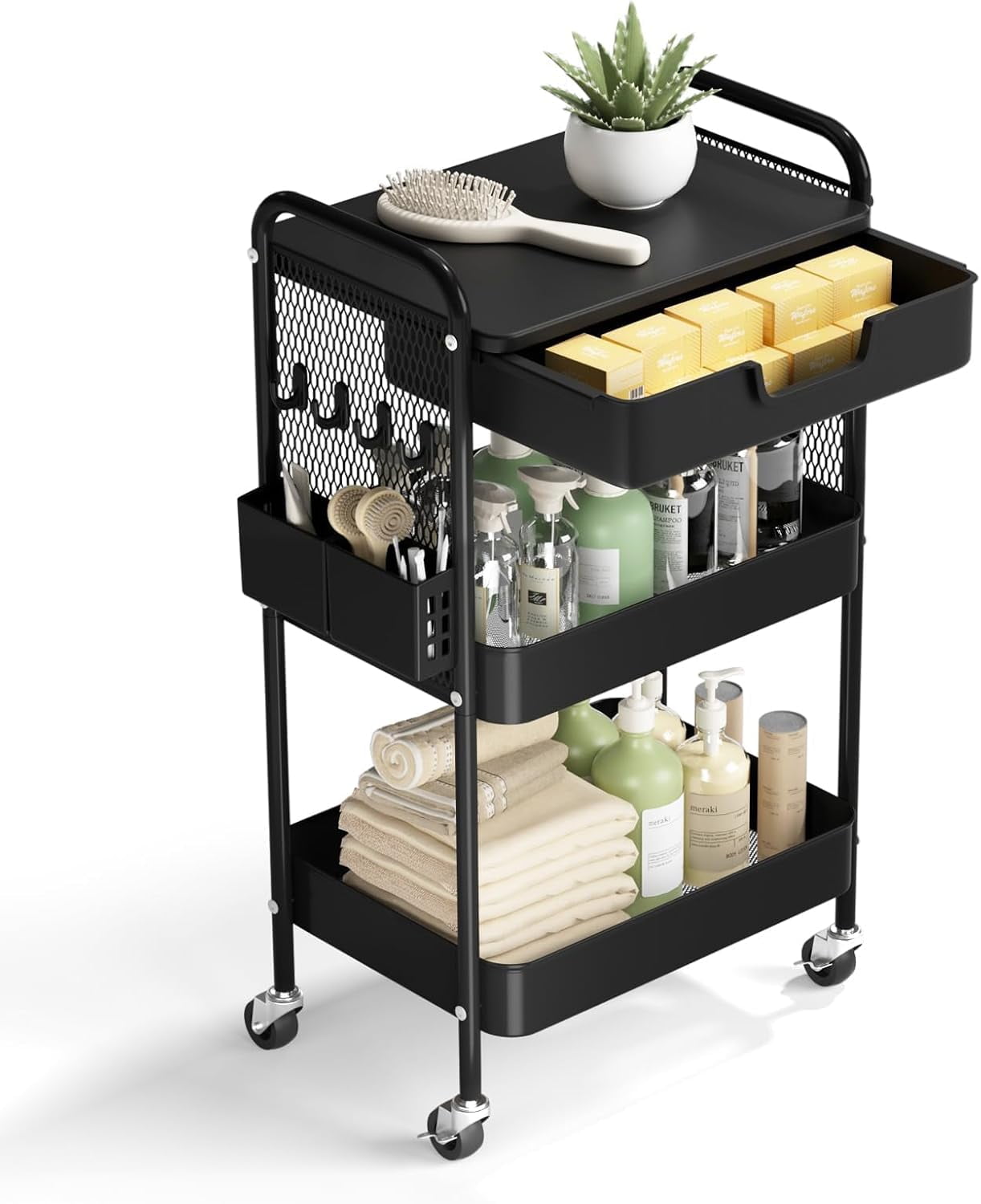 3 Tier Rolling Cart with Drawer, Metal Rolling Utility Cart on Wheels ...