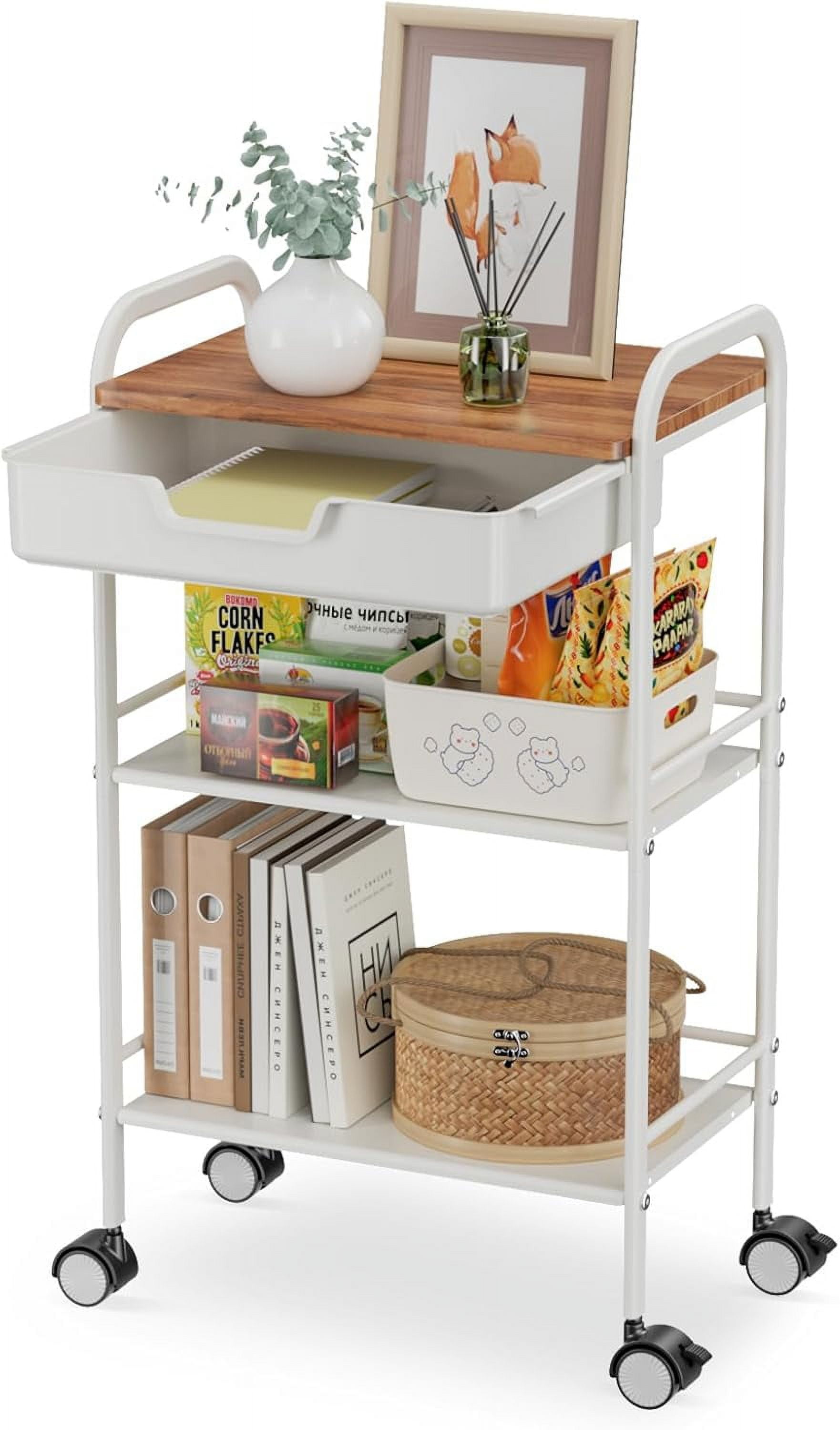 3 Tier Rolling Cart with Drawer, Metal Rolling Storage Cart with Table ...