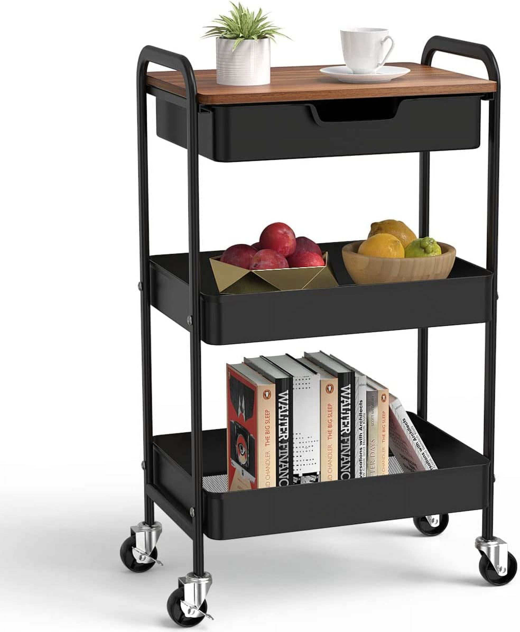 3 Tier Rolling Cart with Drawer, Metal Utility Cart on Wheels Storage ...