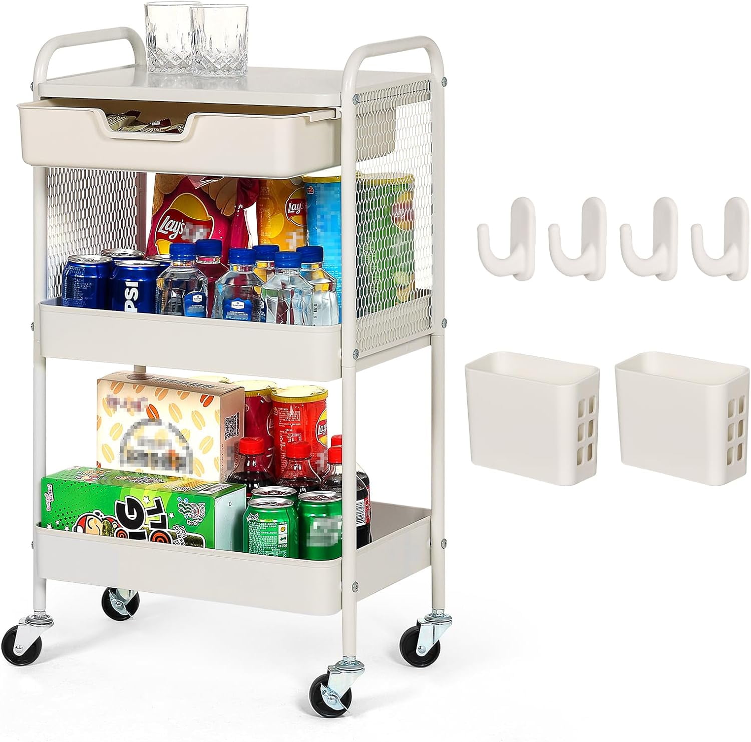 3-Tier Rolling Cart with Drawer, Metal Utility Storage Cart Organizer ...