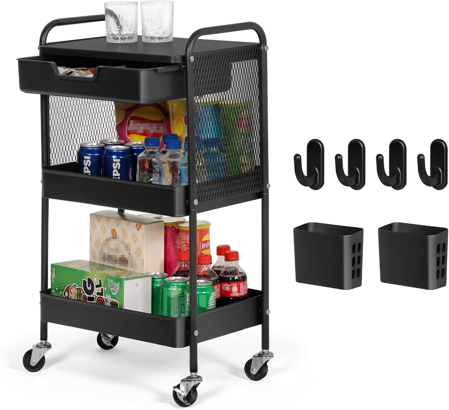 3-Tier Rolling Cart with Drawer, Metal Utility Storage Cart Organizer ...