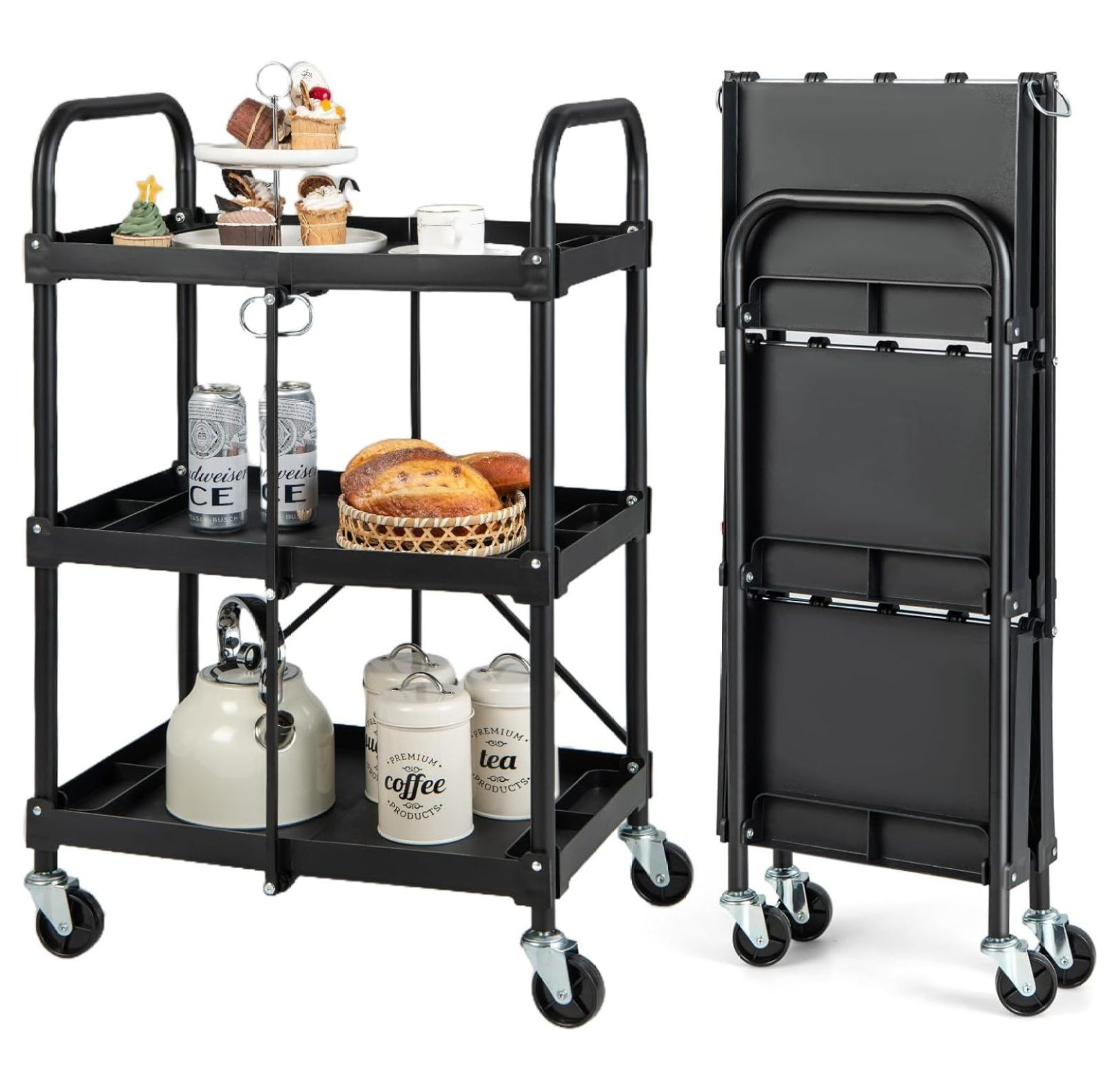 3-Tier Rolling Cart, Folding Utility Cart with Lockable Wheels ...