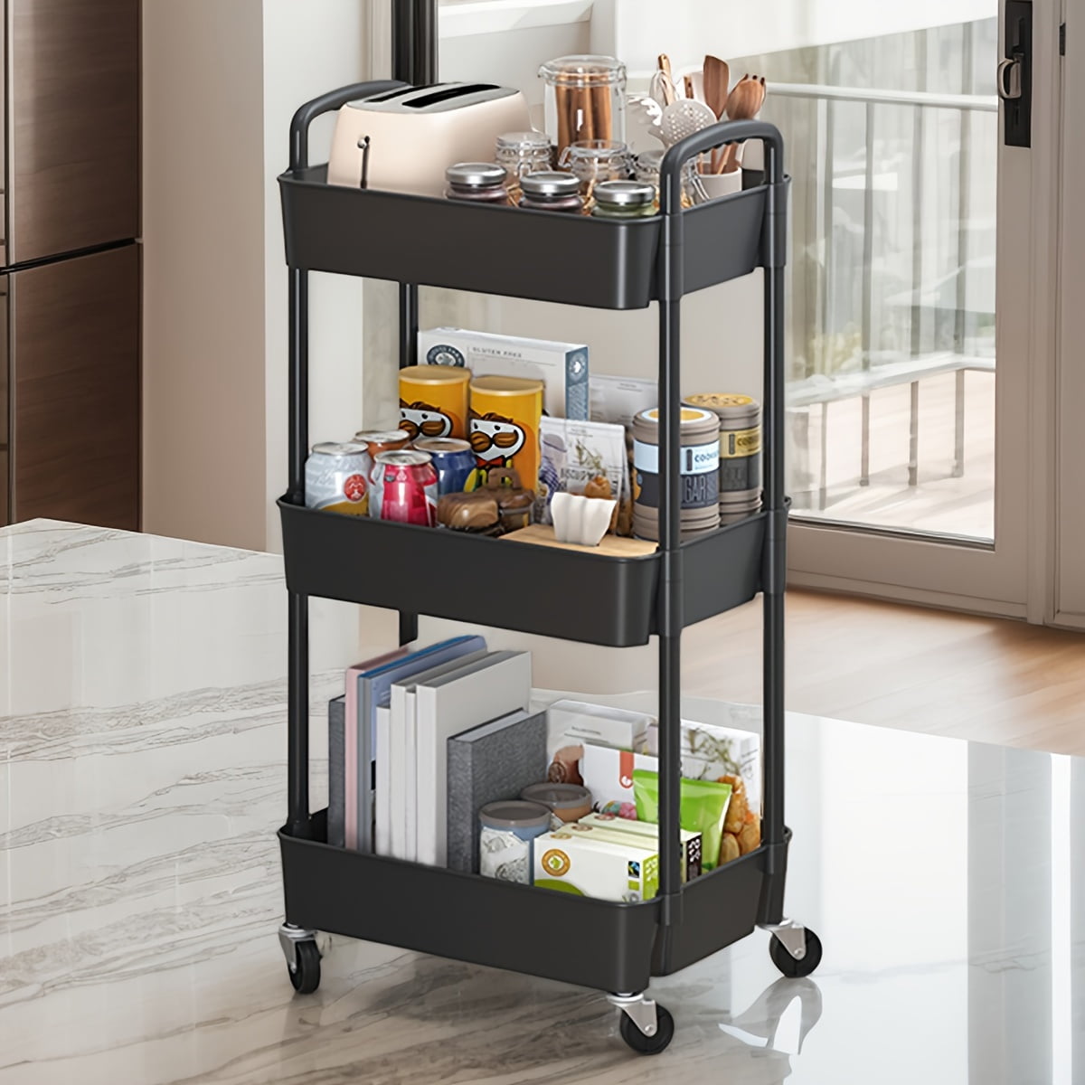 3-Tier Rolling Cart with Lockable Wheels, Storage Organizer for Kitchen ...