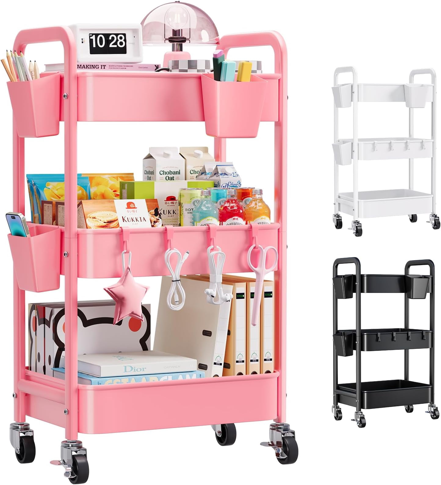 3 Tier Rolling Cart with Lockable Wheels, Utility Carts Organizer ...