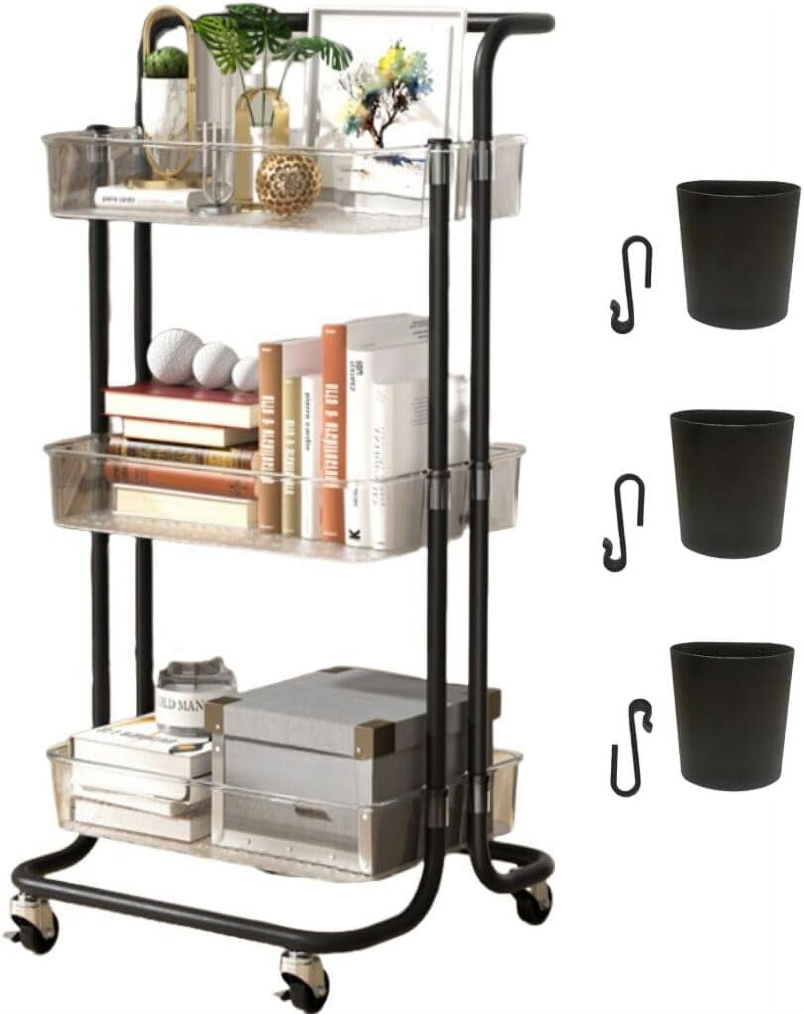 3 Tier Rolling Cart with Metal Handle, Hanging Cups, Hooks, Plastic ...