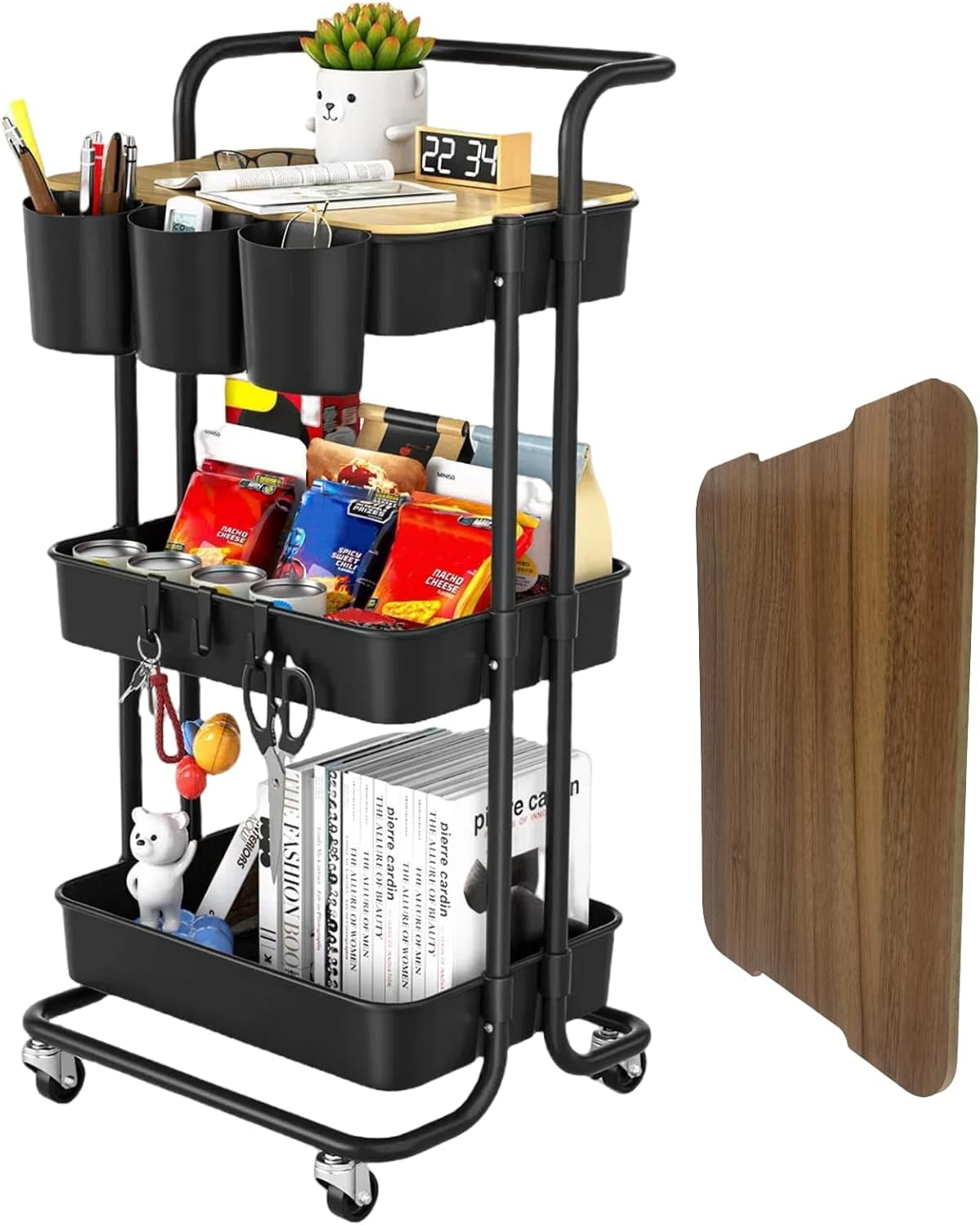 3 Tier Rolling Cart with Metal Handle, Table Top, Hanging Cups, Hooks ...