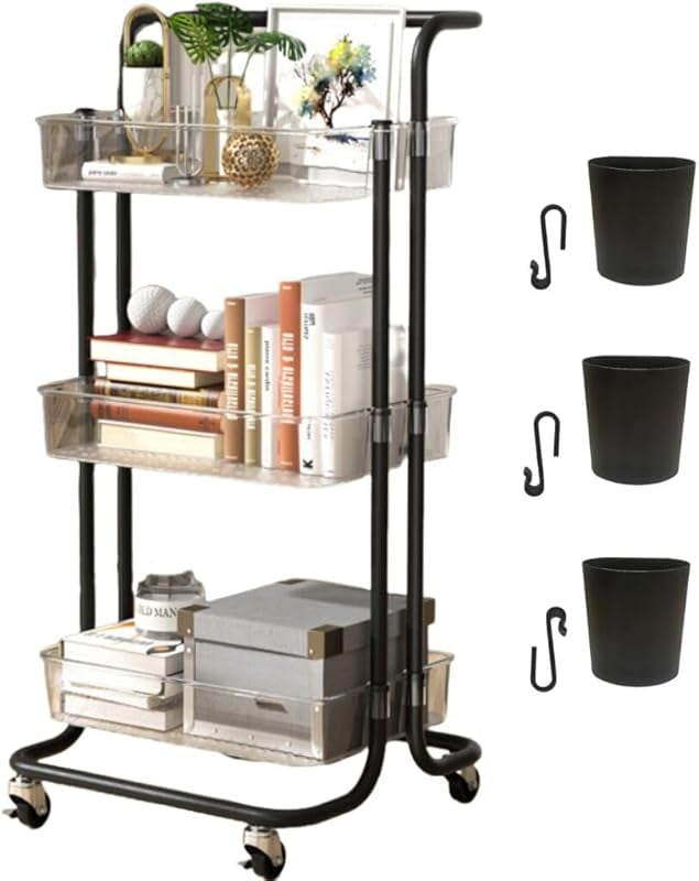 3 Tier Rolling Cart with Metal Handle, Table Top, Hanging Cups, Hooks ...