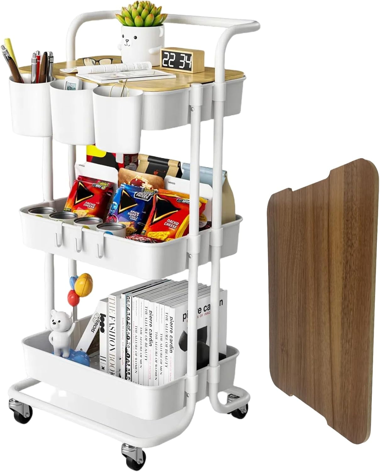 3 Tier Rolling Cart with Metal Handle, Table Top, Hanging Cups, Hooks ...