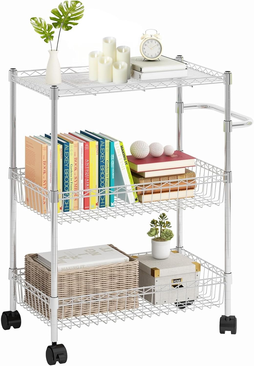 3 Tier Rolling Cart, Metal Kitchen Cart On Wheels with Baskets, Wire ...