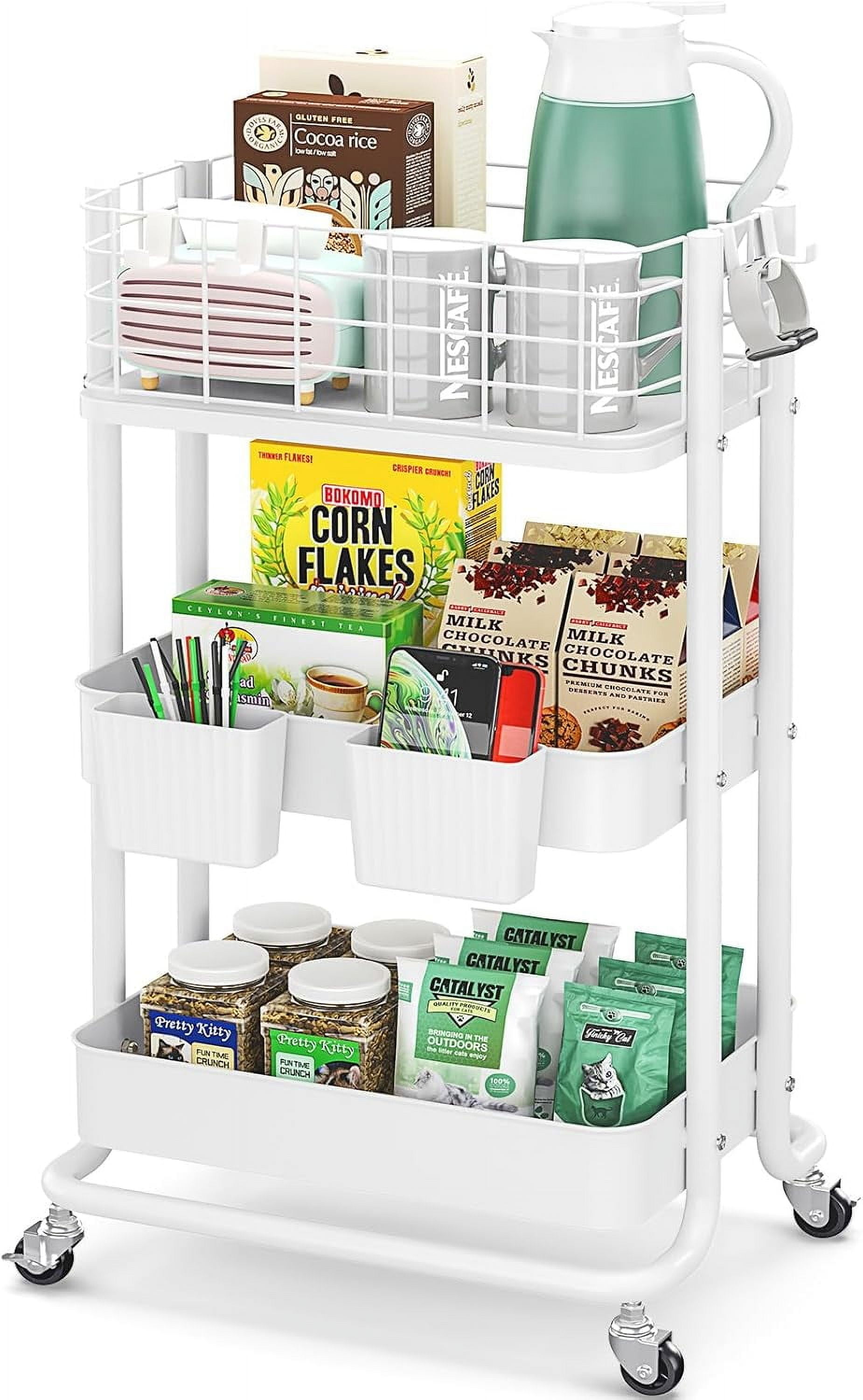 3 Tier Rolling Cart, Metal Mobile Storage Shelf with Lockable Wheels ...