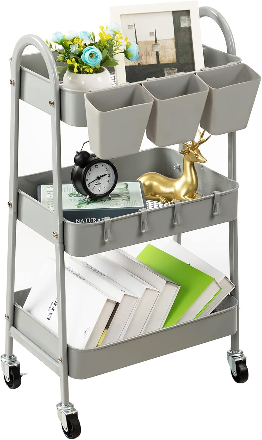 3-Tier Rolling Cart, Metal Rolling Storage Cart with Lockable Wheels ...