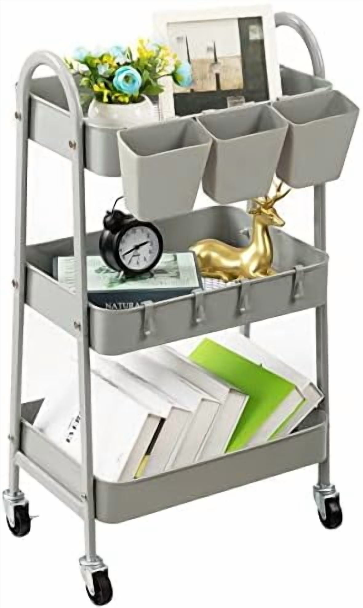 3-Tier Rolling Cart, Metal Rolling Storage Cart with Lockable Wheels ...