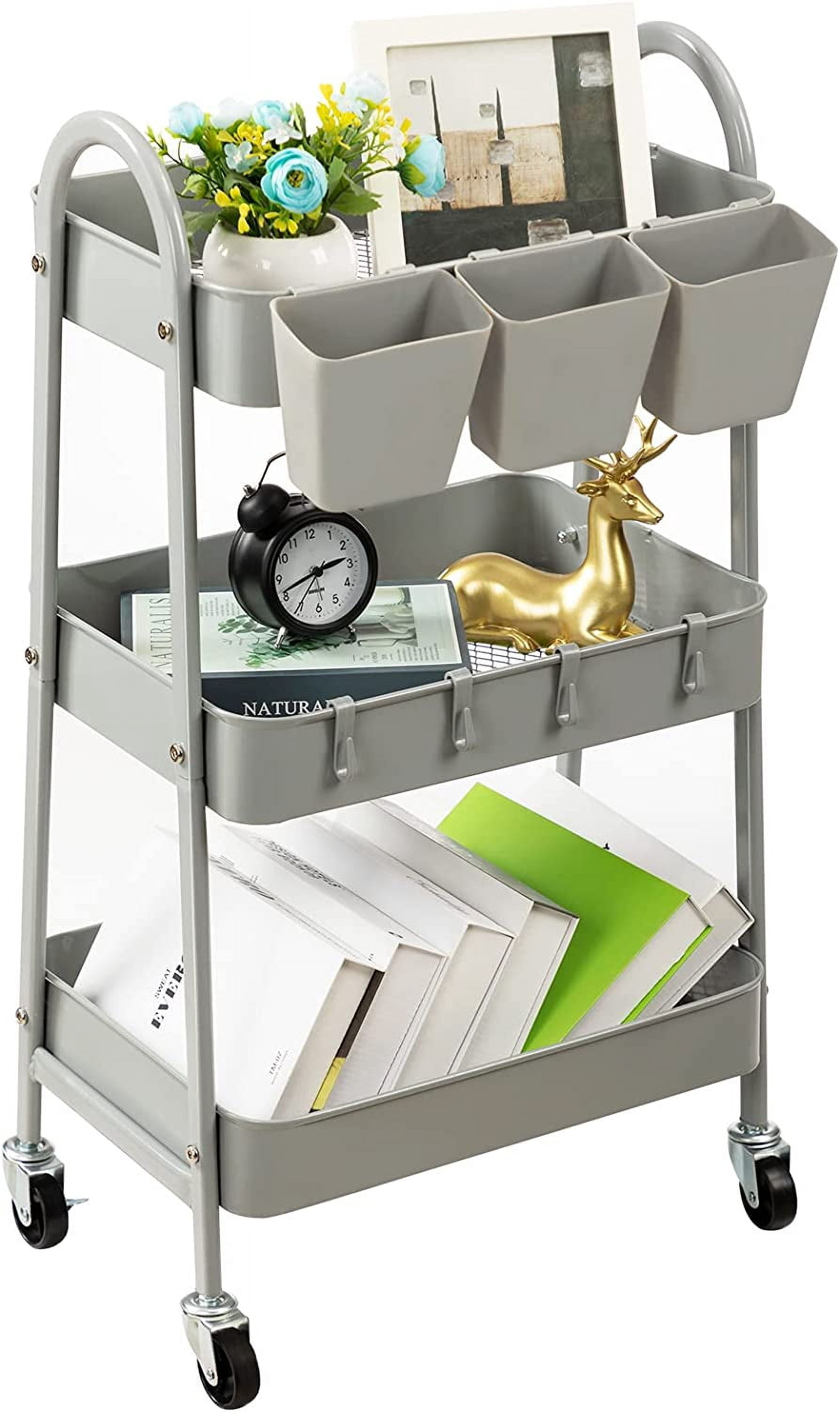 3-Tier Rolling Cart, Metal Rolling Storage Cart with Lockable Wheels ...