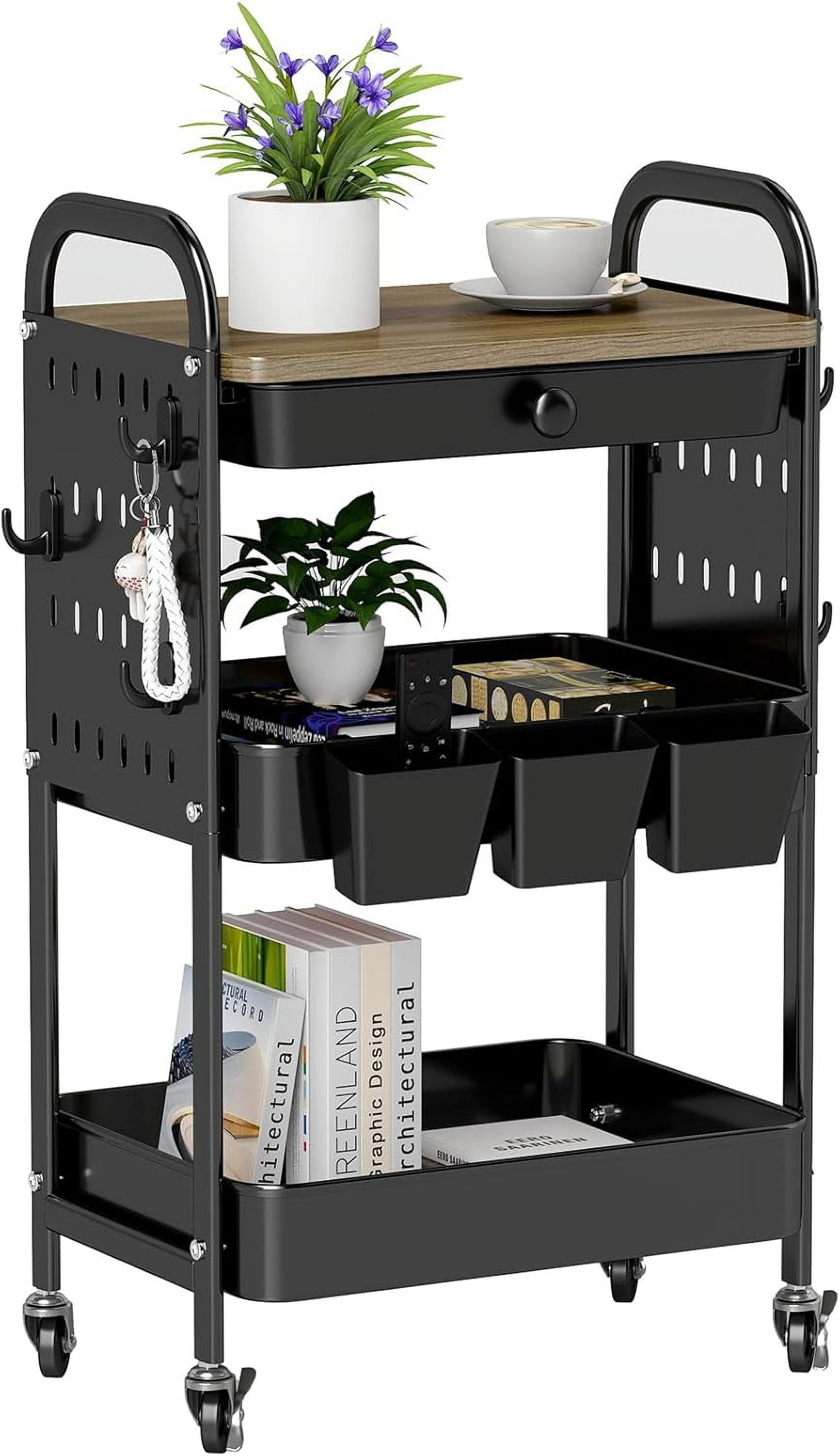 3-Tier Rolling Cart, Metal Rolling Storage Cart with Wooden Table Top ...