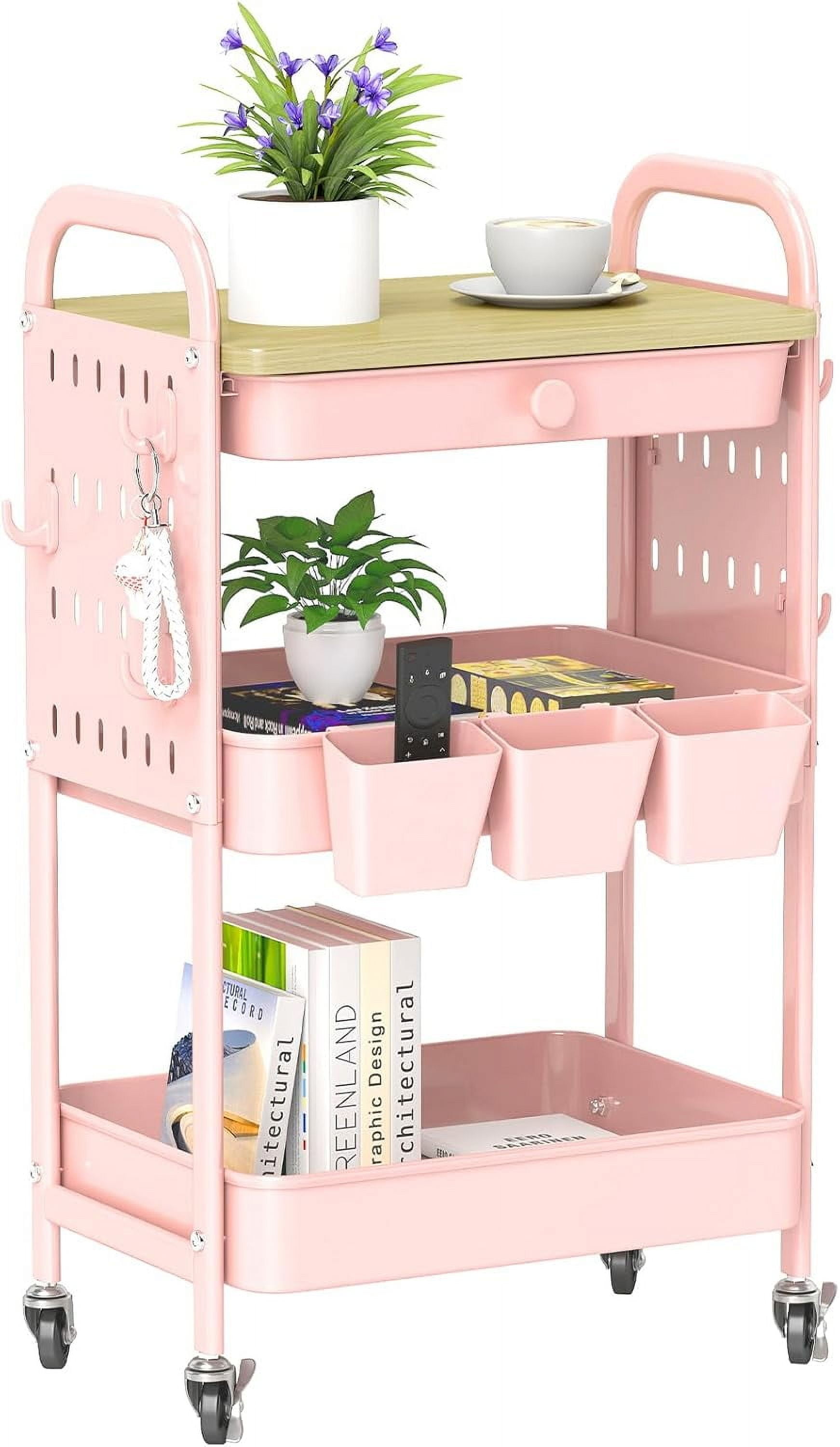 3 Tier Rolling Cart, Metal Storage Cart with Drawer, Wooden Tabletop ...