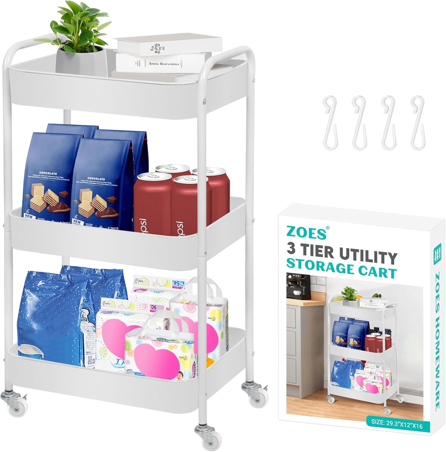 3 Tier Rolling Cart, Metal Utility Cart with 4 Hooks, Rolling Storage ...