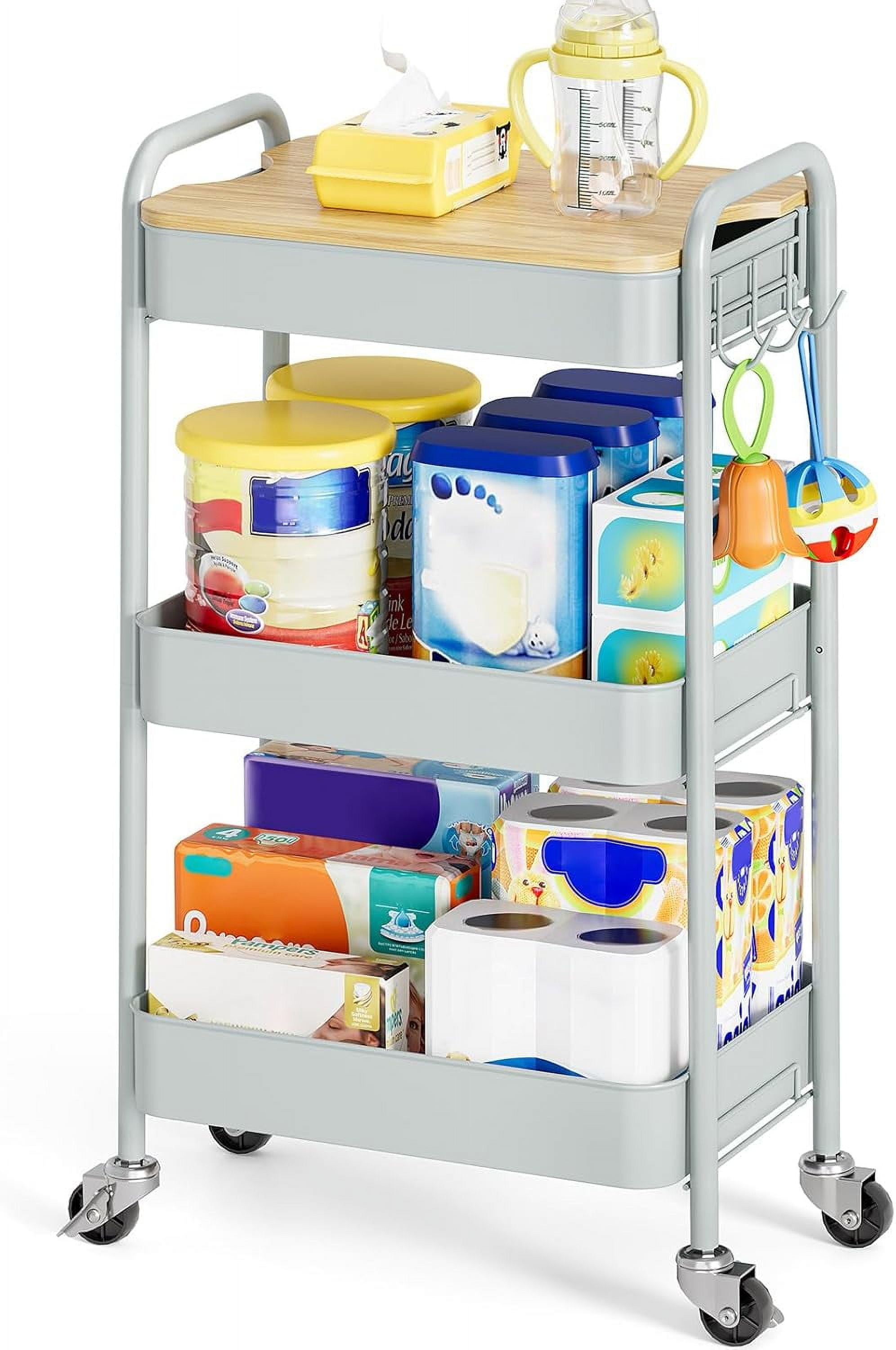 3-Tier Rolling Cart, Metal Utility Cart with Detachable Tray Top ...