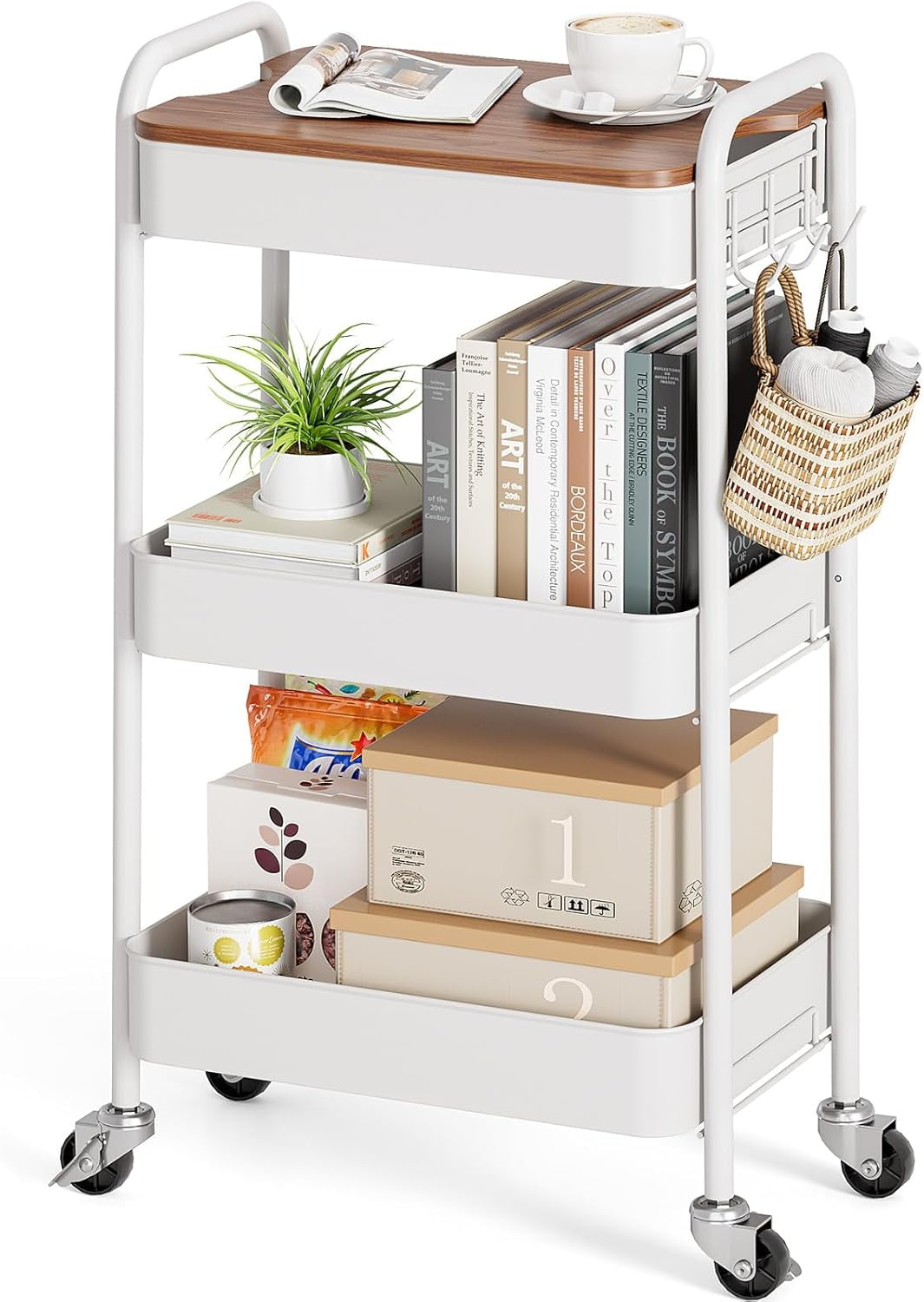 3-Tier Rolling Cart, Metal Utility Cart with Detachable Tray Top ...