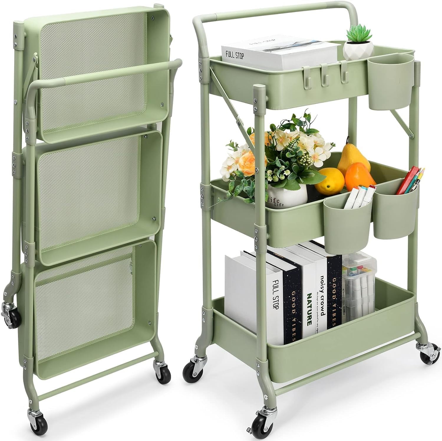 3 Tier Rolling Cart, Metal Utility Cart, Folding Mobile Multi-Function ...