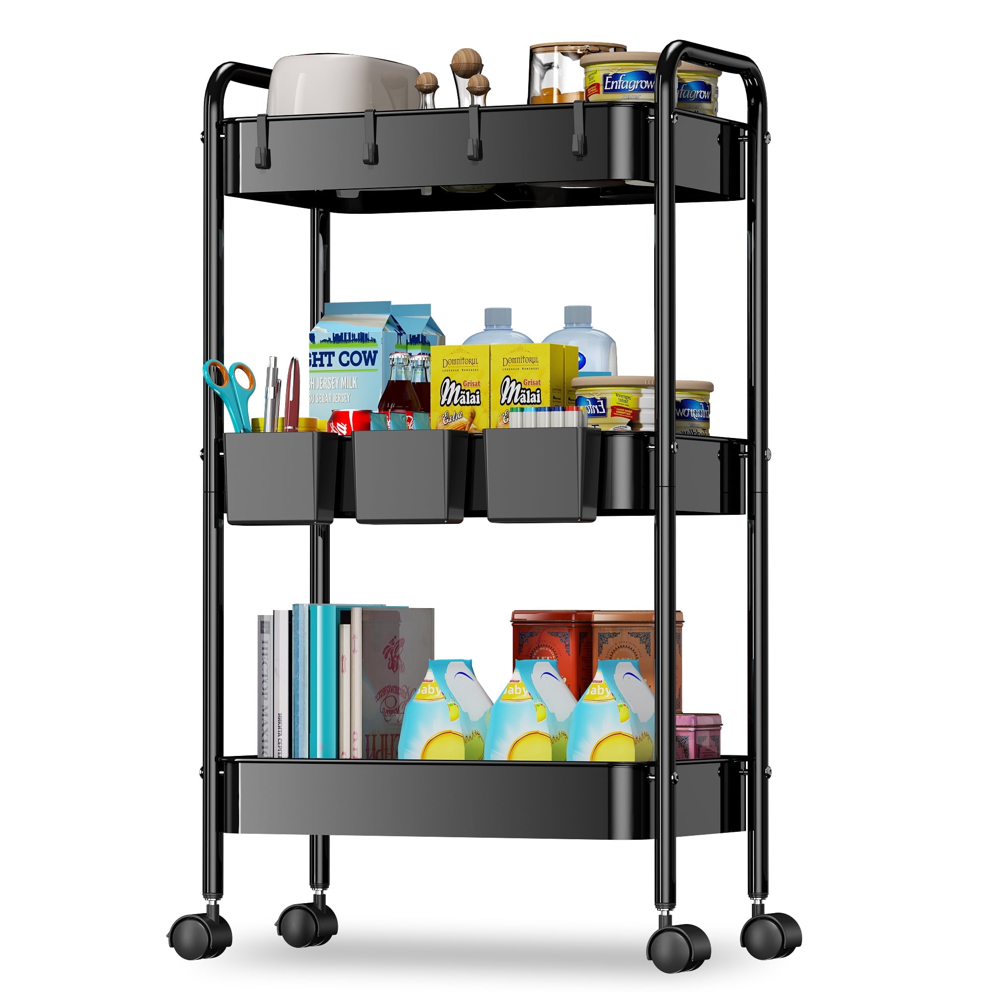 3 Tier Rolling Cart, Metal Utility Cart with 3 Hanging Cups and 4 Hooks ...