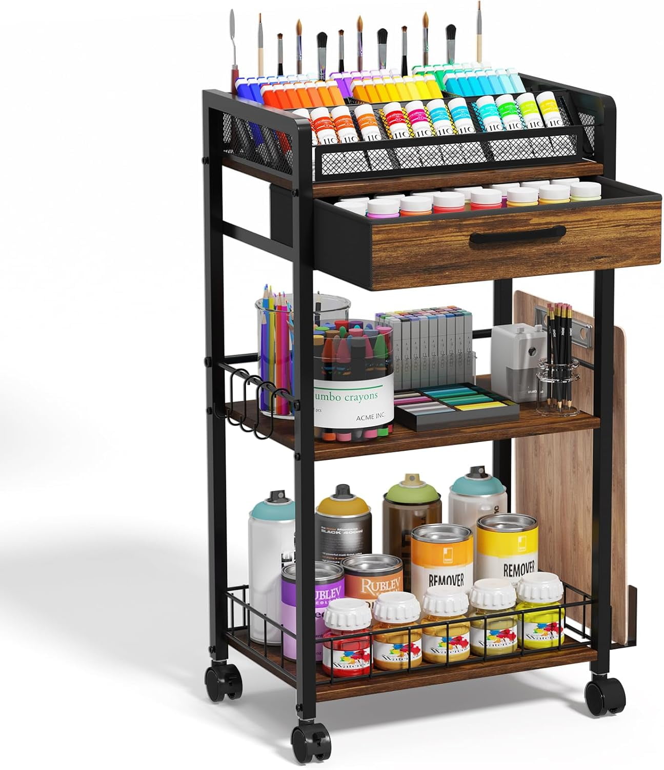 3 Tier Rolling Cart - Metal Utility Cart with Storage Drawer and Wheels ...