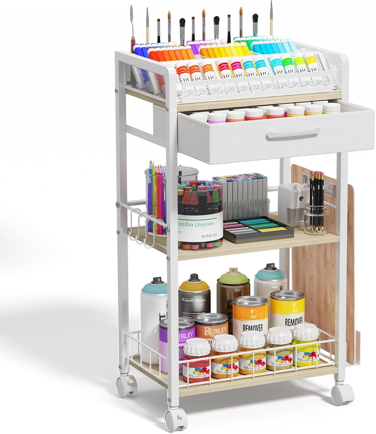 3 Tier Rolling Cart - Metal Utility Cart with Storage Drawer and Wheels ...