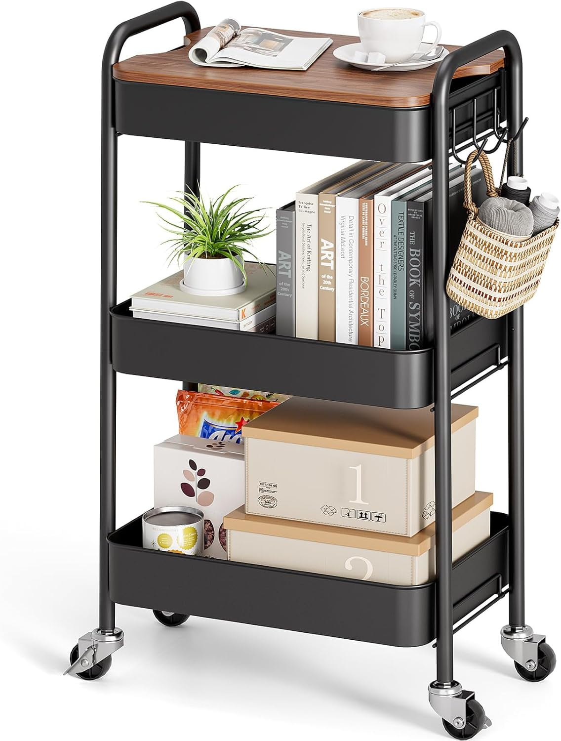 3-Tier Rolling Cart, Metal Utility Cart with Top, Storage Craft Cart ...