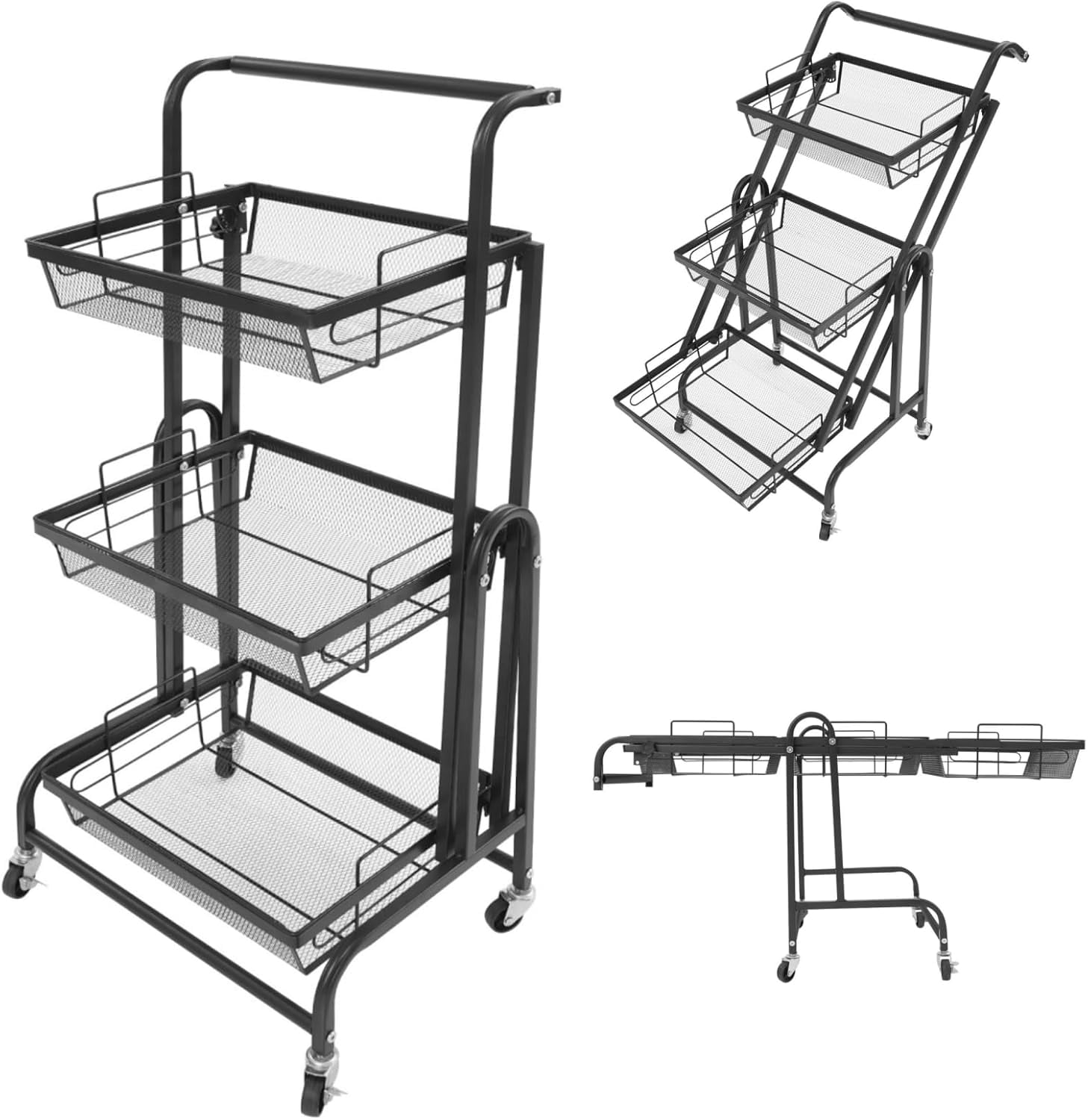 3-Tier Rolling Cart, Metal Utility Cart with Wheels and Adjustable ...