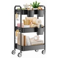 3 Tier Rolling Cart - Metal Utility Cart with Wheels, Hanging Cups ...