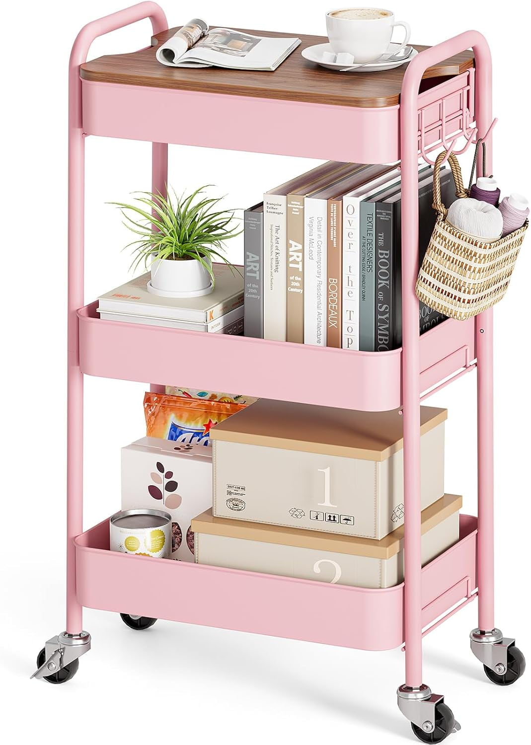 3 Tier Rolling Cart, Metal Utility Cart with Wheels & Wooden Top, Pink ...