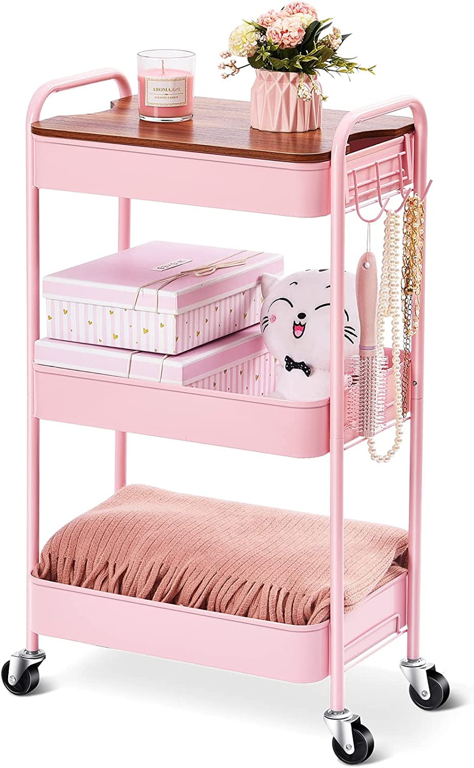 3 Tier Rolling Cart, Metal Utility Cart with Wheels & Wooden Top, Pink ...