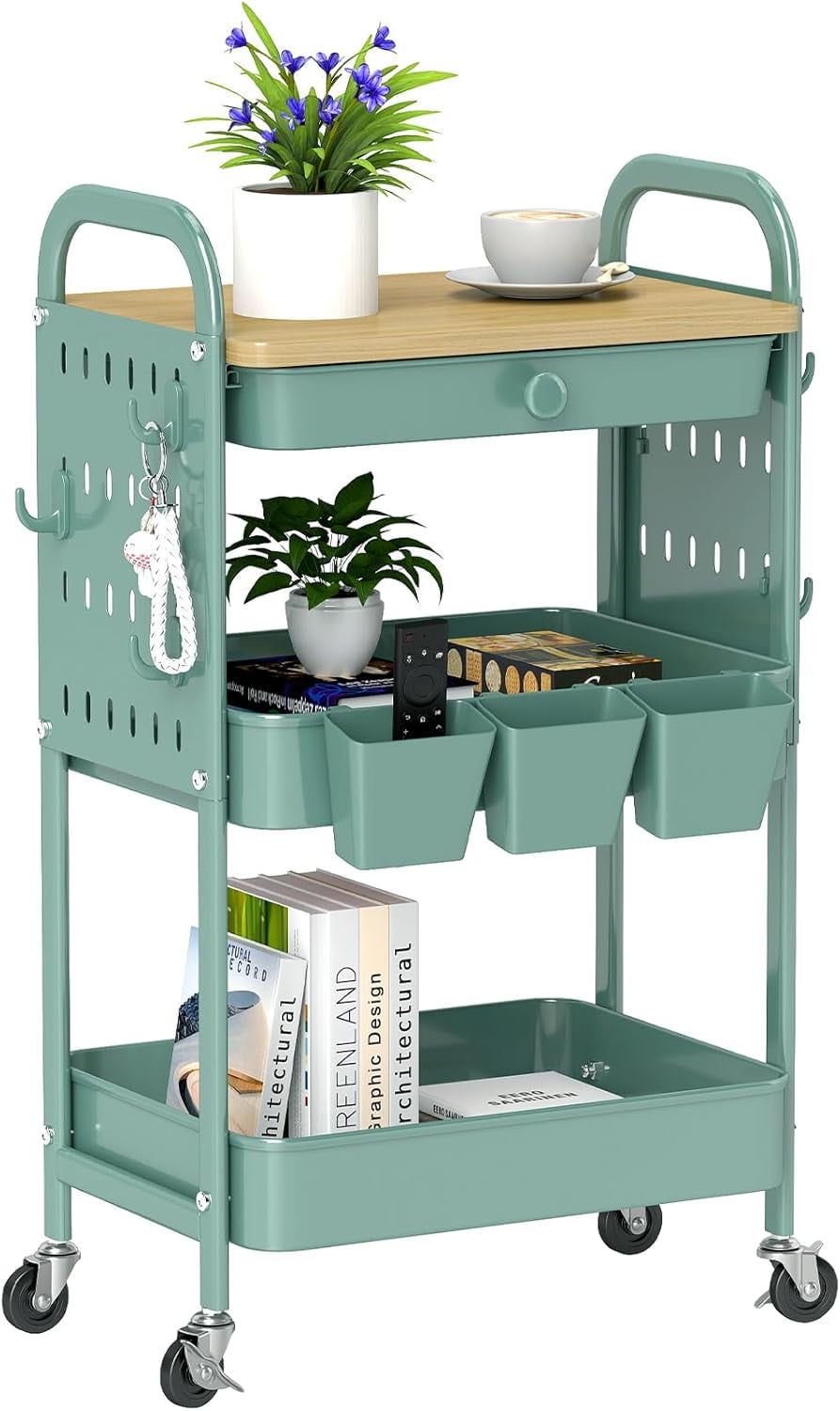 3 Tier Rolling Cart, Metal Utility Cart with Wooden Table Top & DIY ...