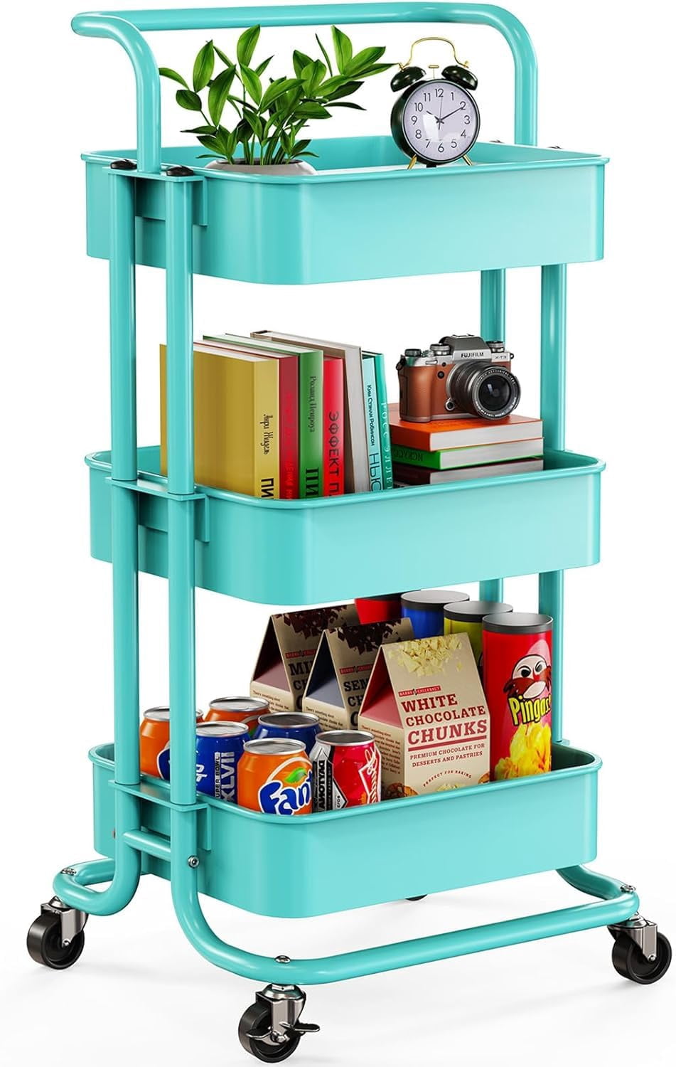 3 Tier Rolling Cart, Metal Utility Cart with Wheels and Handle, Rolling ...