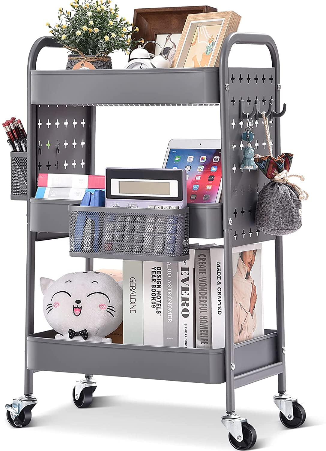 3-Tier Rolling Cart, Metal Utility Storage Cart with DIY Pegboards, Art ...