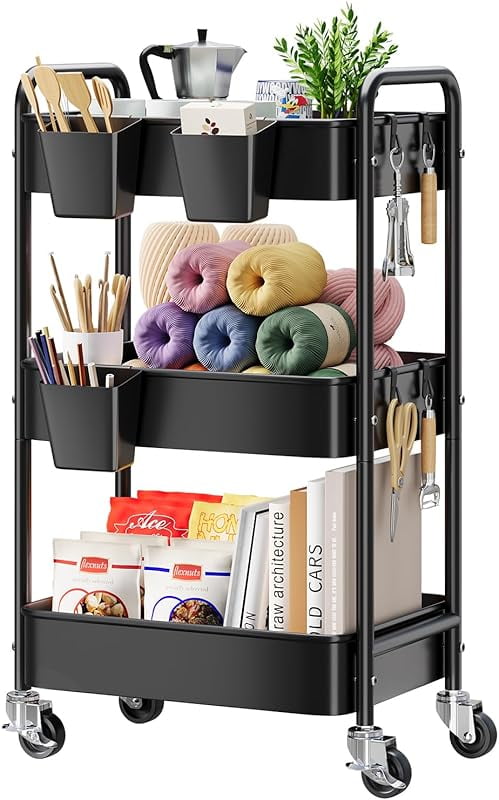 3 Tier Rolling Cart Metal with Wheels, Black Three Tiered Art Cart ...