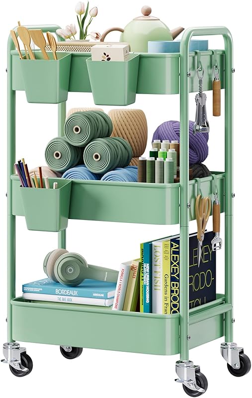 3 Tier Rolling Cart Metal with Wheels, Black Three Tiered Art Cart ...