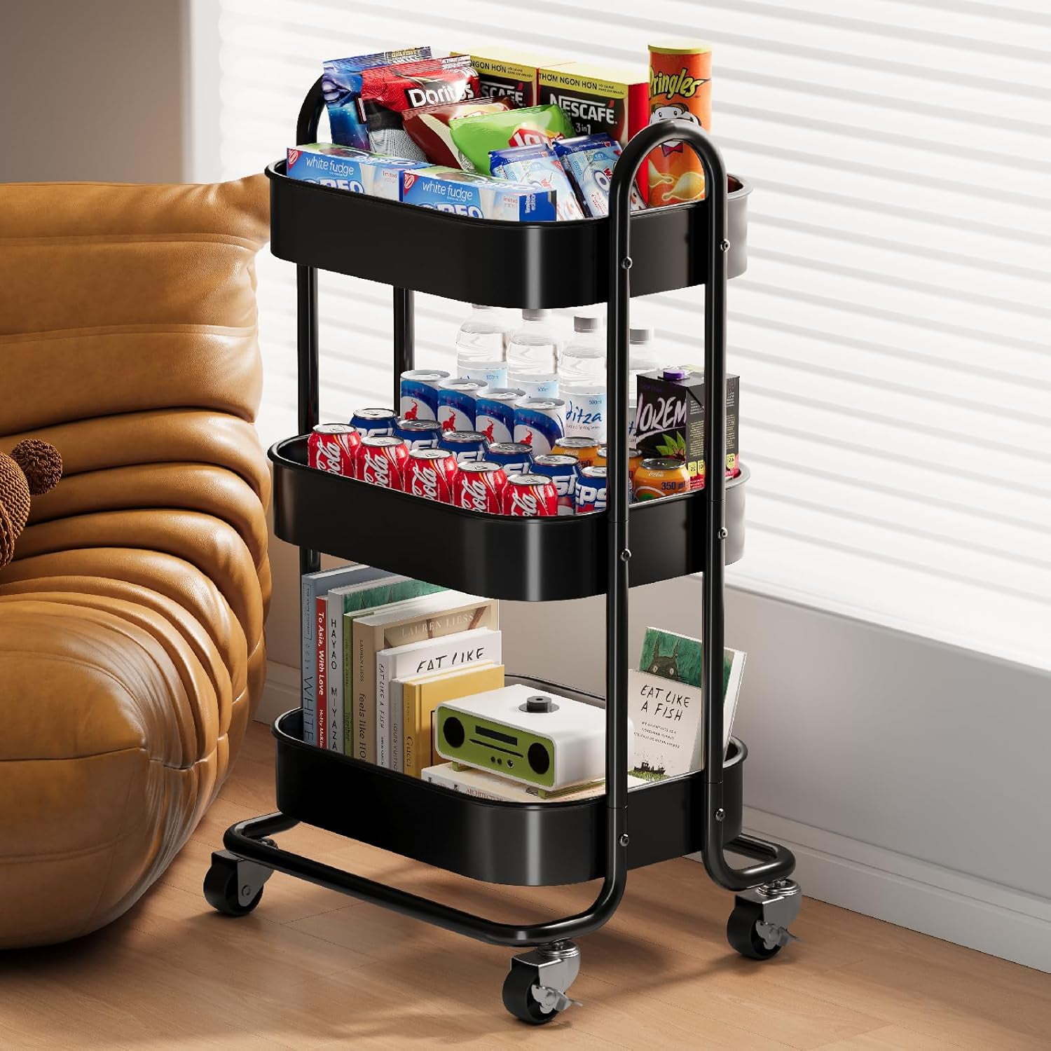 3 Tier Rolling Cart Metal with Wheels, White Three Tiered Craft Cart ...