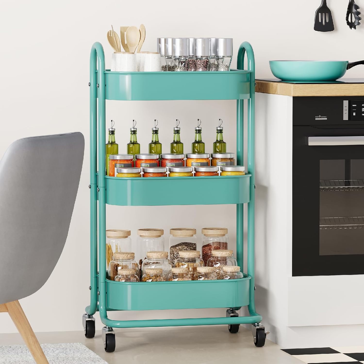 3 Tier Rolling Cart Metal with Wheels, White Three Tiered Craft Cart ...