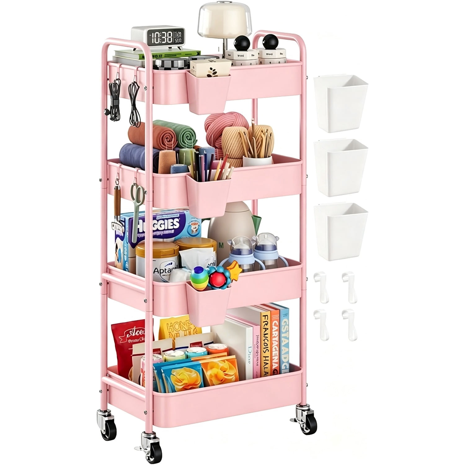 3 Tier Rolling Cart Metal with Wheels, White Three Tiered Craft Cart ...