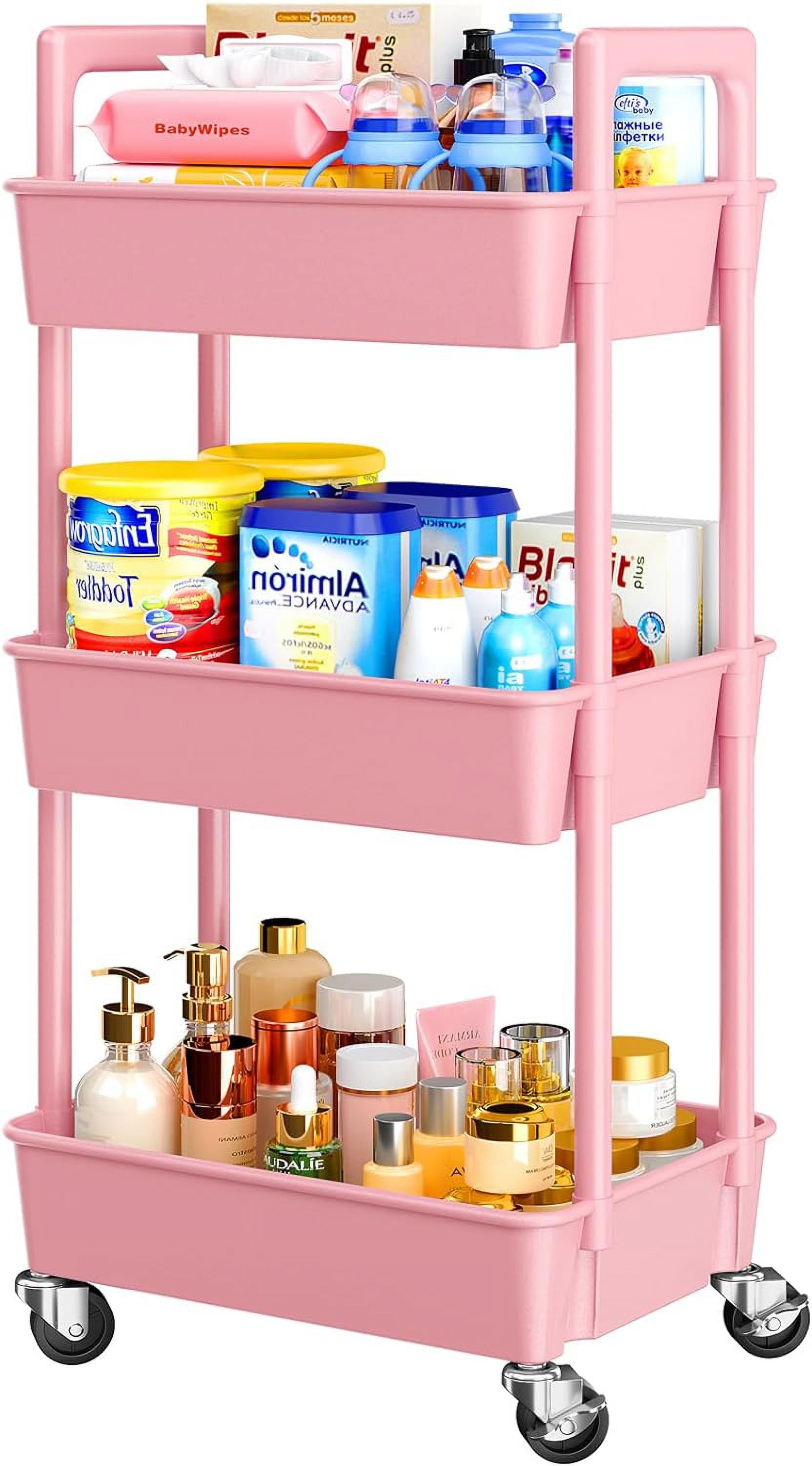3 Tier Rolling Cart Organizer, Plastic Rolling Cart with Lockable ...